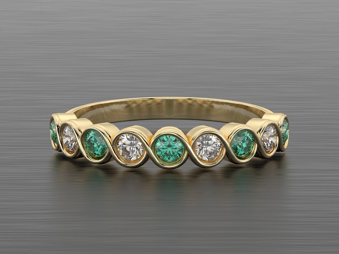 Bezel Set Alternating Green Emerald and Moissanite Wave Band, Half ...