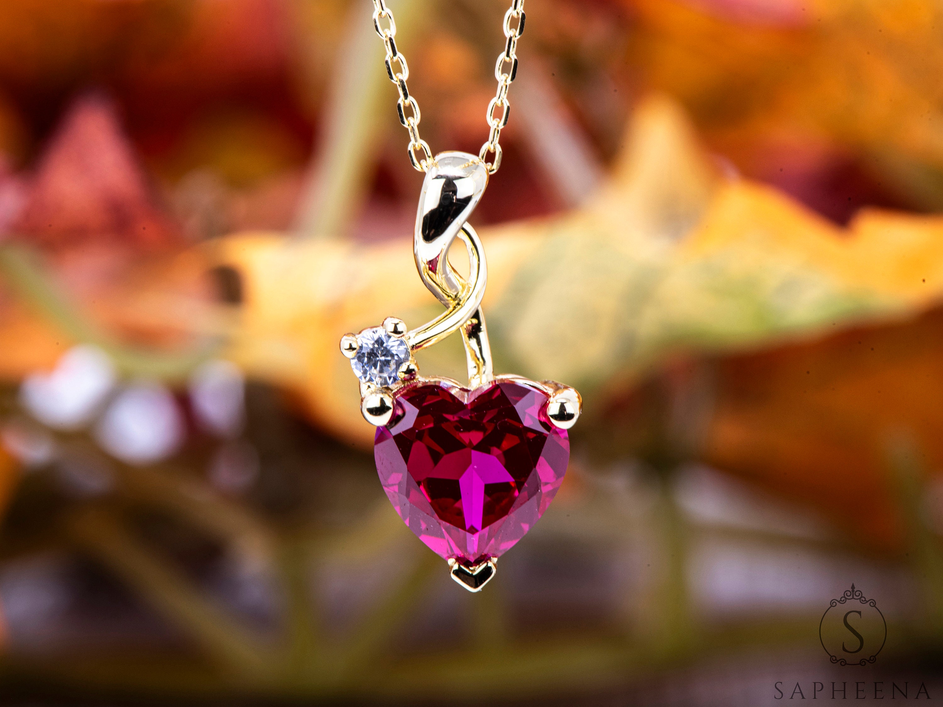 Heart Shaped Ruby Pendant, Genuine Lab Ruby Necklace, 16-18 Inch Cable ...