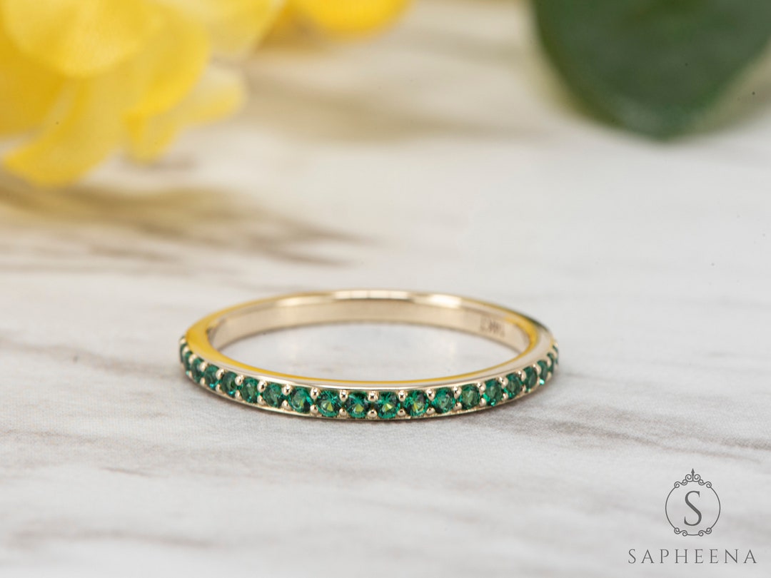 Half Eternity Green Emerald Wedding Band, Sterling Silver Eternity Ring ...