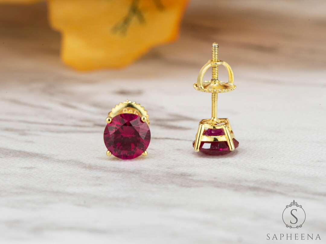 Round Cut Red Ruby Stud Earrings, Lab Grown Ruby Studs, Gold Plated ...