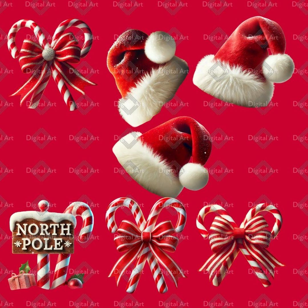 Christmas Candy Cane & Santa Hat Bundle Festive Clipart in JPG, PNG ...