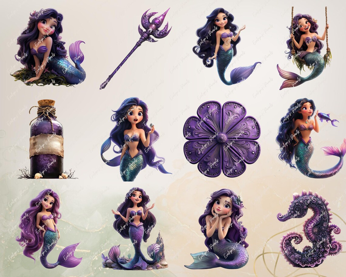 Little Mermaid Clipart Cute Purple Mermaid PNG Under the Sea Clipart ...