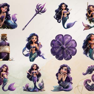 Little Mermaid Clipart Cute Purple Mermaid PNG Under the Sea Clipart ...