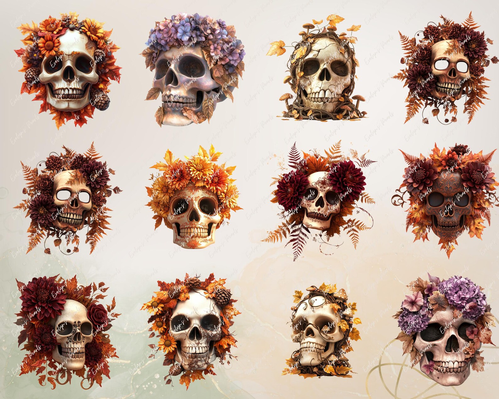 Skull Clipart Floral Skull PNG Skeleton Clipart Spooky Clipart Scary ...