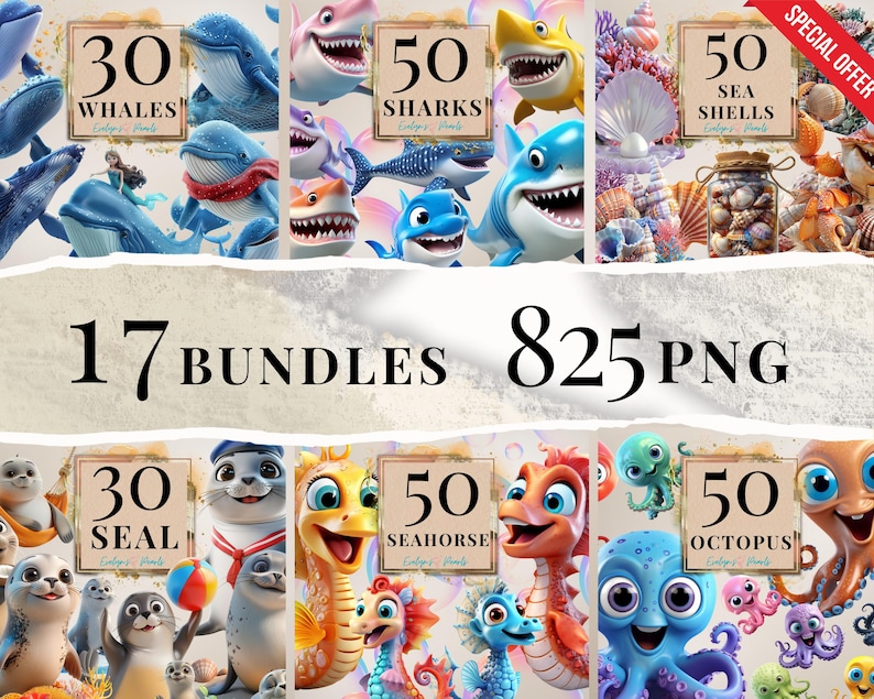 Sea Life Mega Bundle Clipart 825 PNG Sea Animals Clipart Mermaid, Shark ...