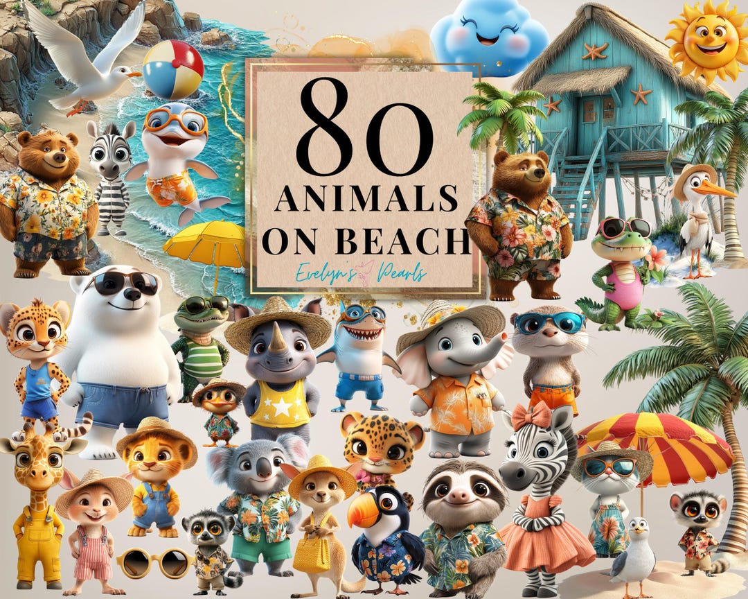 Beach Animals Clipart, Tropical Safari Zoo Animals on Vacation, Cute ...