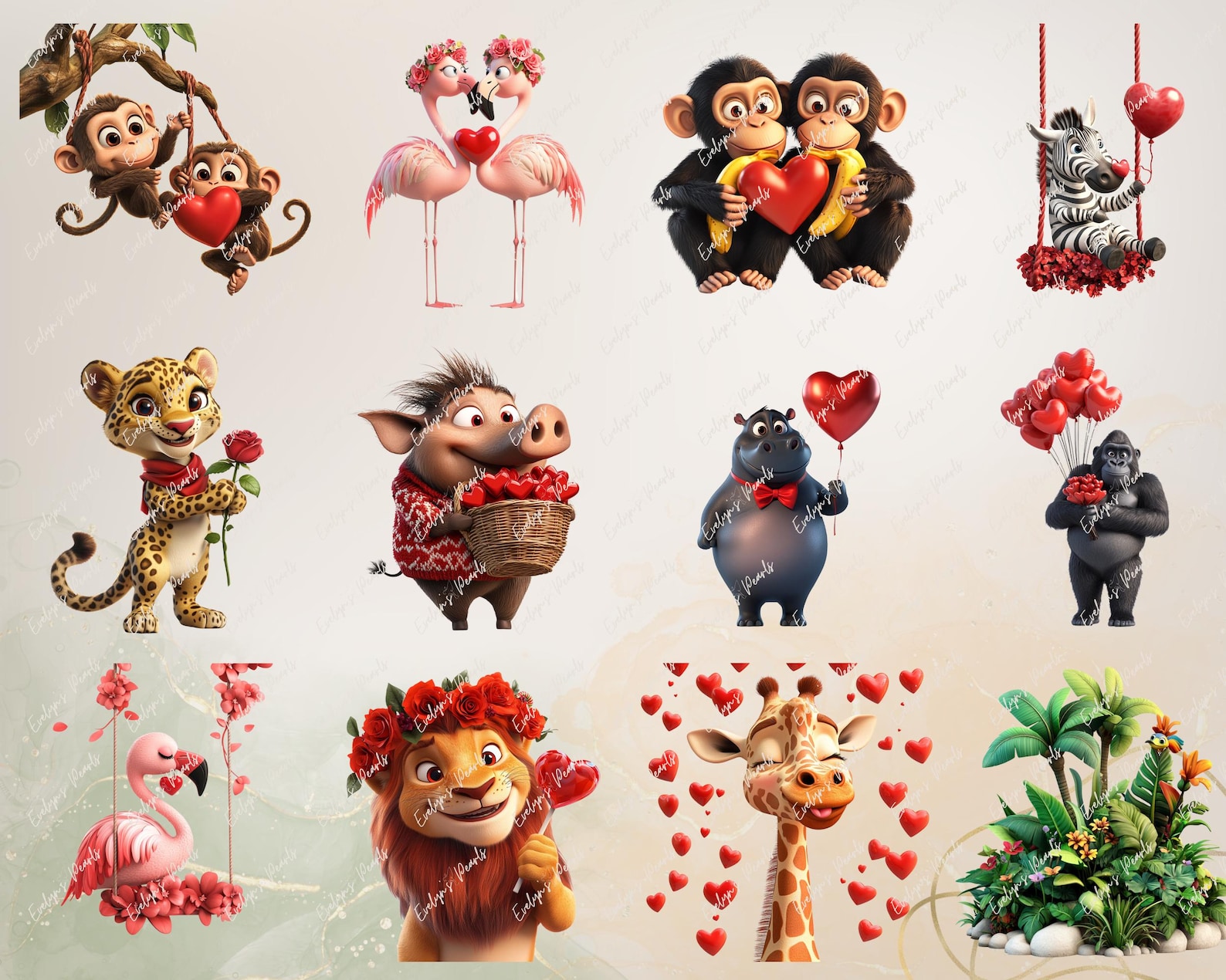 Safari Valentine's Day Clipart Safari Animals Valentine PNG Animal Love ...
