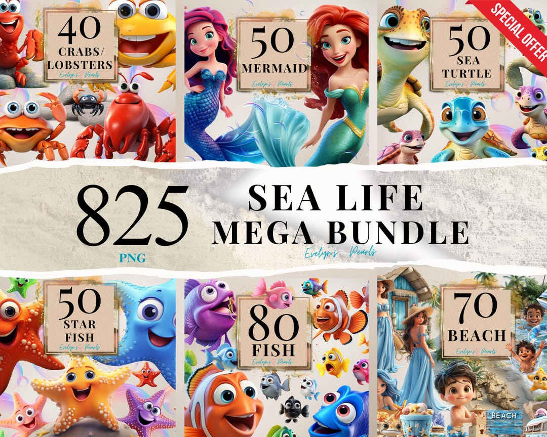 Sea Life Mega Bundle Clipart 825 PNG Sea Animals Clipart Mermaid, Shark ...