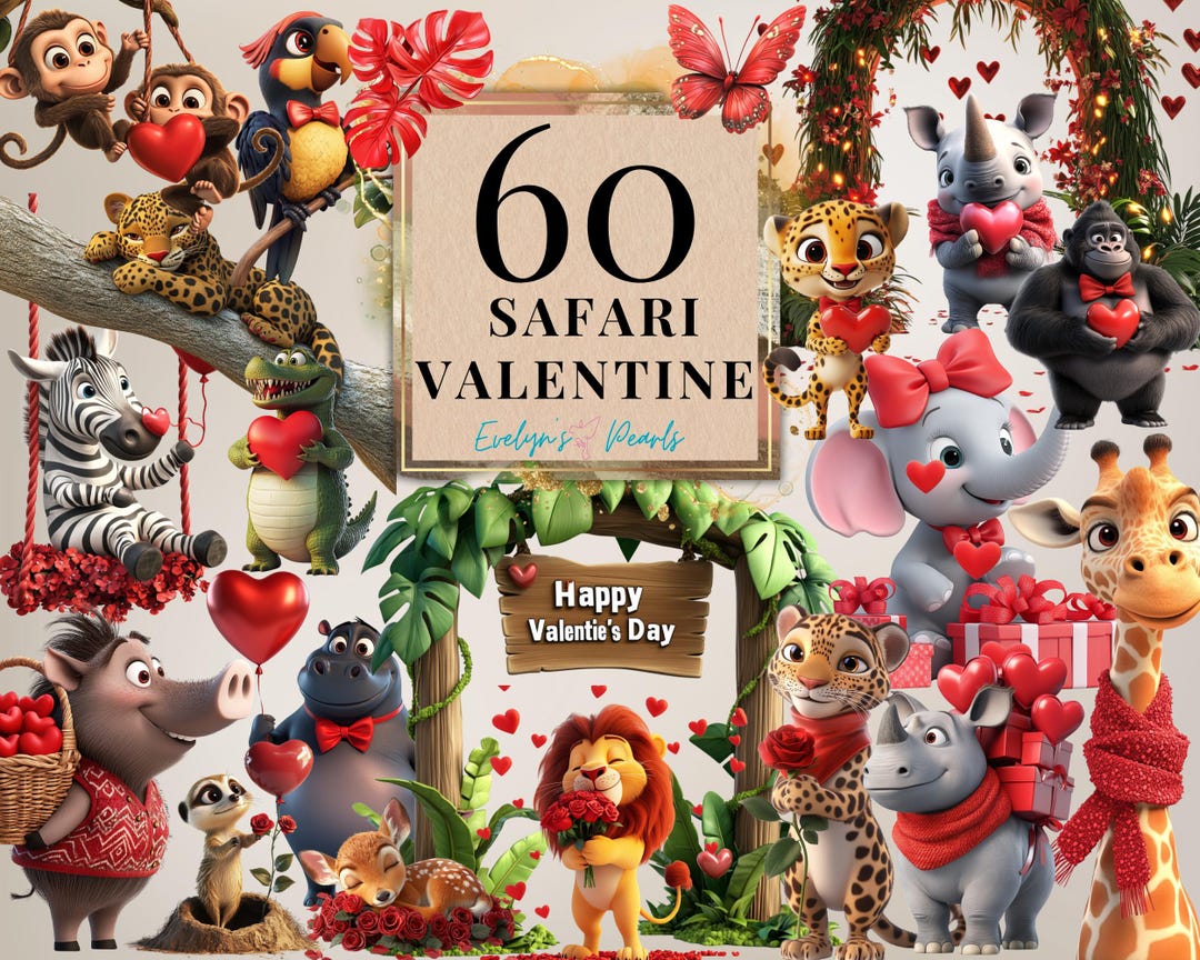 Safari Valentine's Day Clipart Safari Animals Valentine PNG Animal Love ...