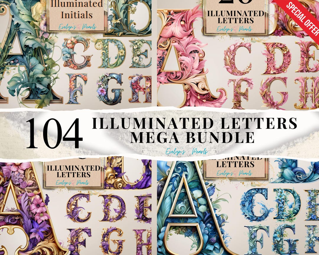 Illuminated Letters Mega Bundle Clipart 104 Floral Letters PNG Fancy ...