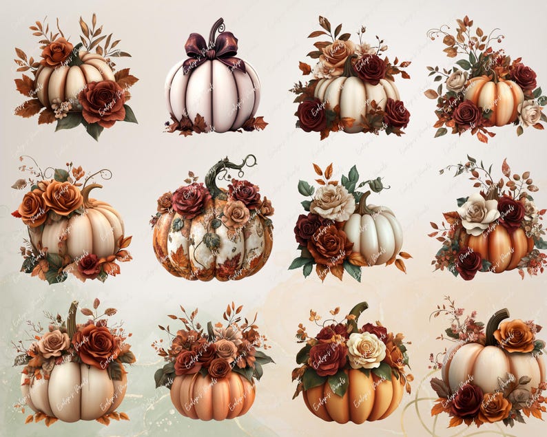 Pumpkin Clipart Floral Pumpkin PNG Fall PNG Autumn Clipart Thanksgiving ...