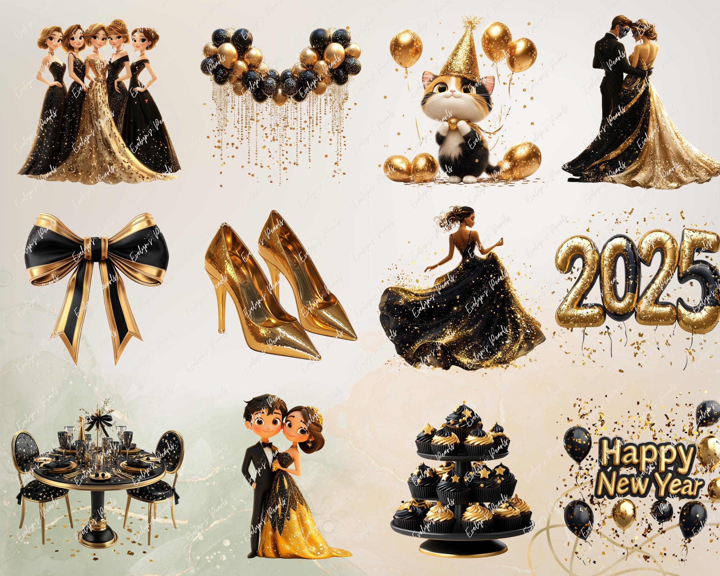 New Year Clipart Black & Gold Party Clipart Happy New Year 2025 ...