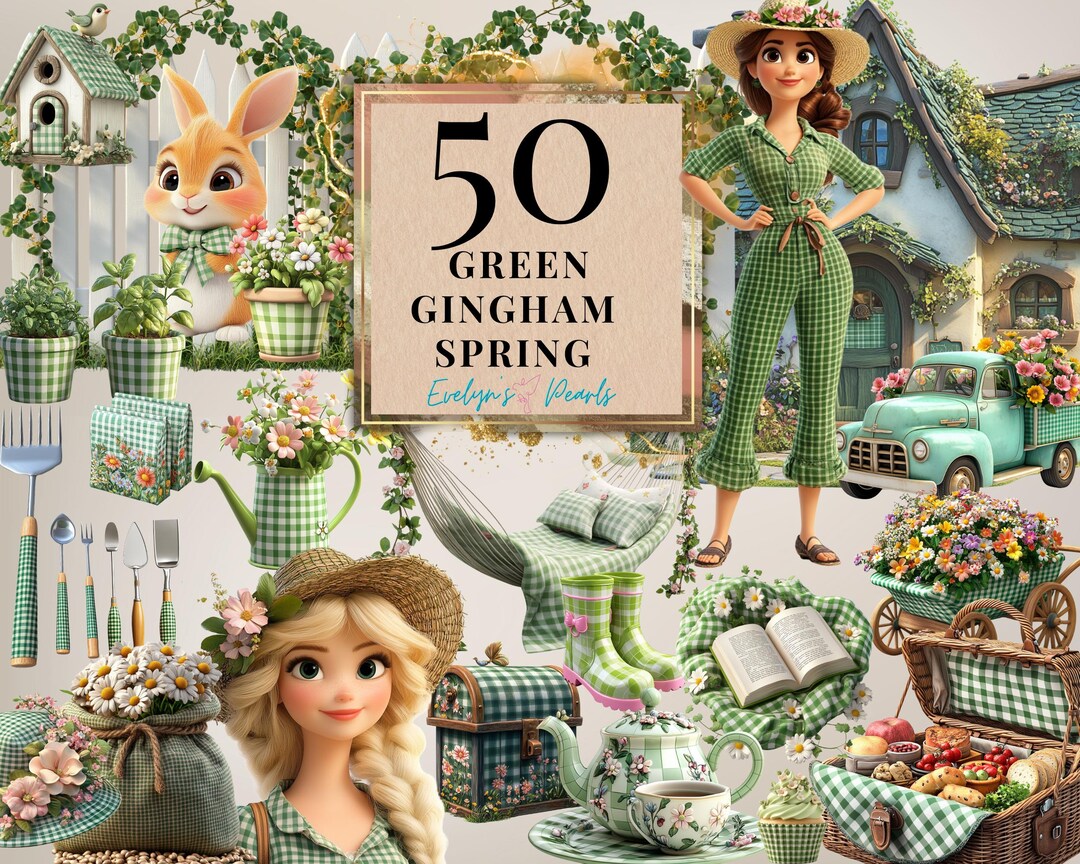 Green Gingham Spring Clipart Spring Girl PNG Countryside, Cottage ...