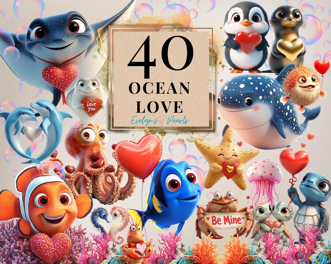 Ocean Love Clipart Valentine's Day PNG Sea Life Clipart Sea Creatures ...