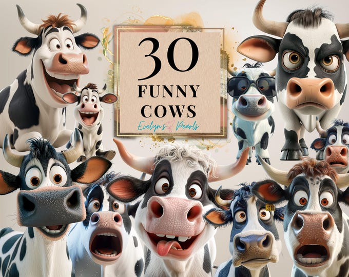 Funny Cow Png, Funny Cow Clip Art, Cool Cow Bundle, Emotional Cow ...