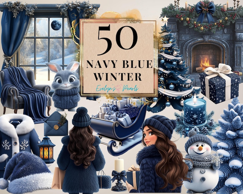 Winter Clipart Navy Blue Festive Decor PNG Cozy Winter Clipart Winter ...