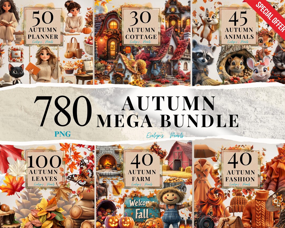 Autumn Mega Bundle Clipart 780 PNG Animals Clipart Pumpkin PNG Cosy ...