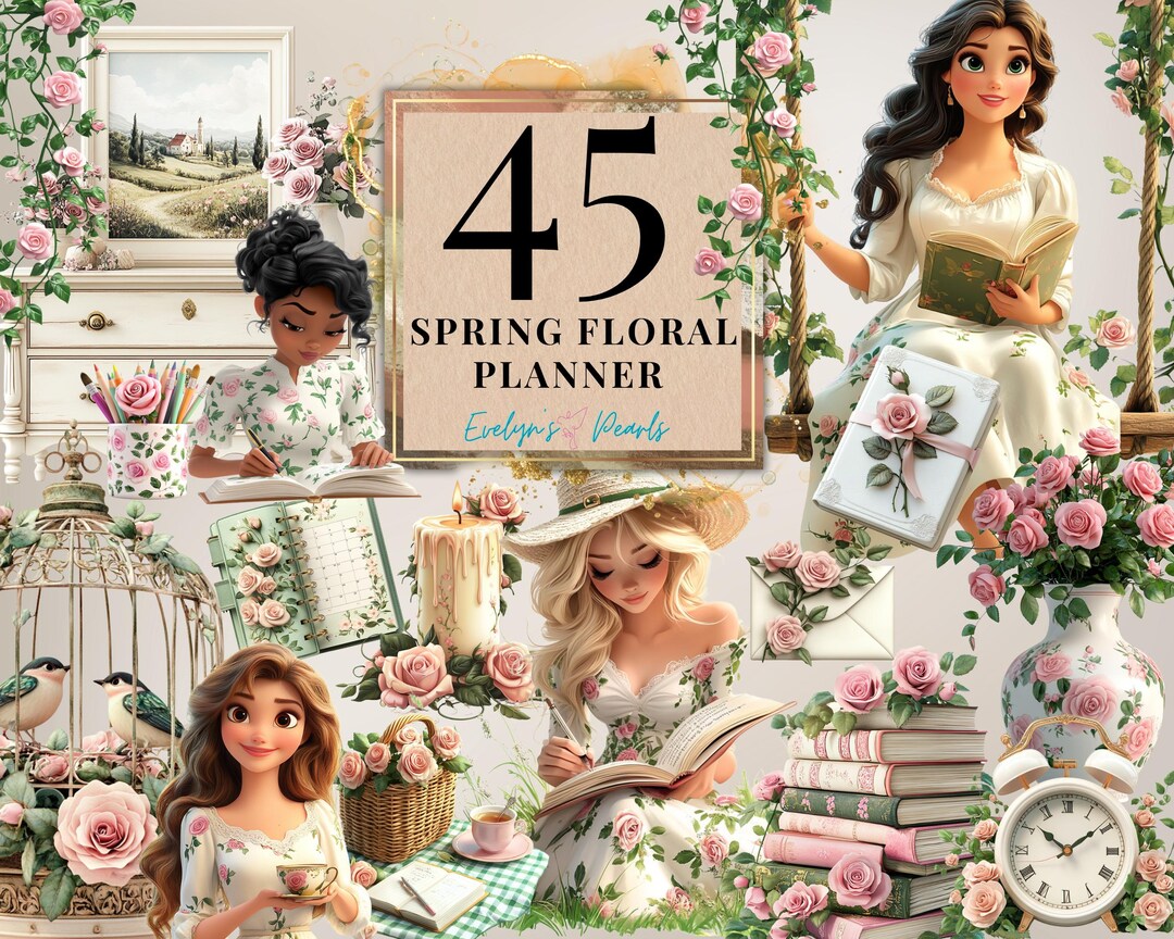 Spring Floral Planner Clipart Spring Cottage PNG Book Lover Clipart ...