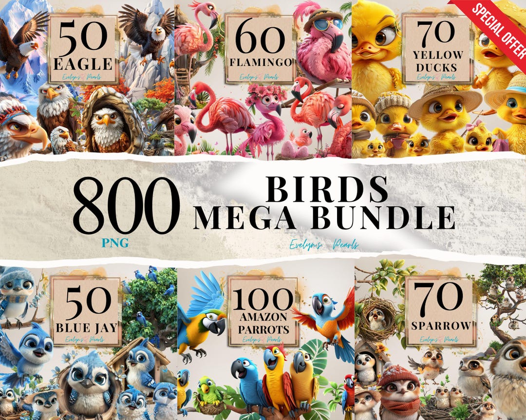 Bird Mega Bundle Clipart 800 PNG Bird Breed, Floral Bird Sparrow ...