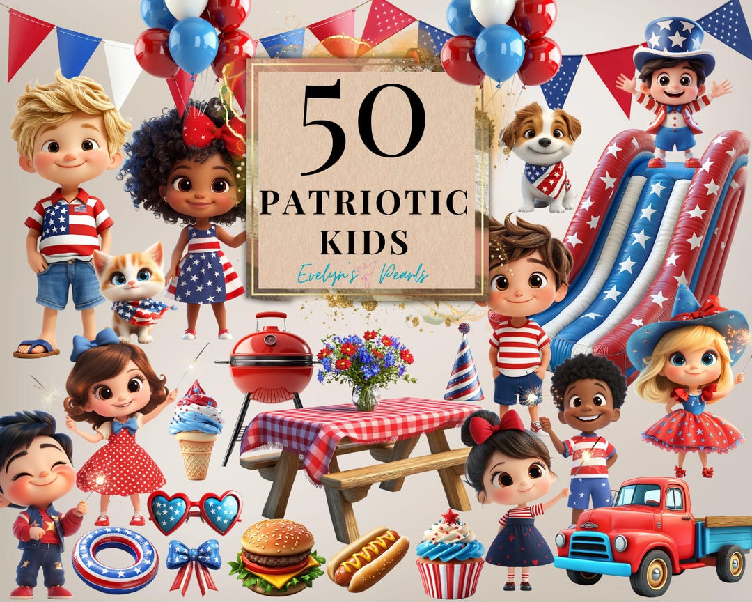 Patriotic Kids Clipart, 4th of July Children, Red White Blue Outfits ...