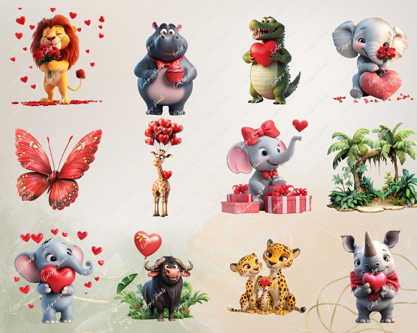 Safari Valentine's Day Clipart Safari Animals Valentine PNG Animal Love ...
