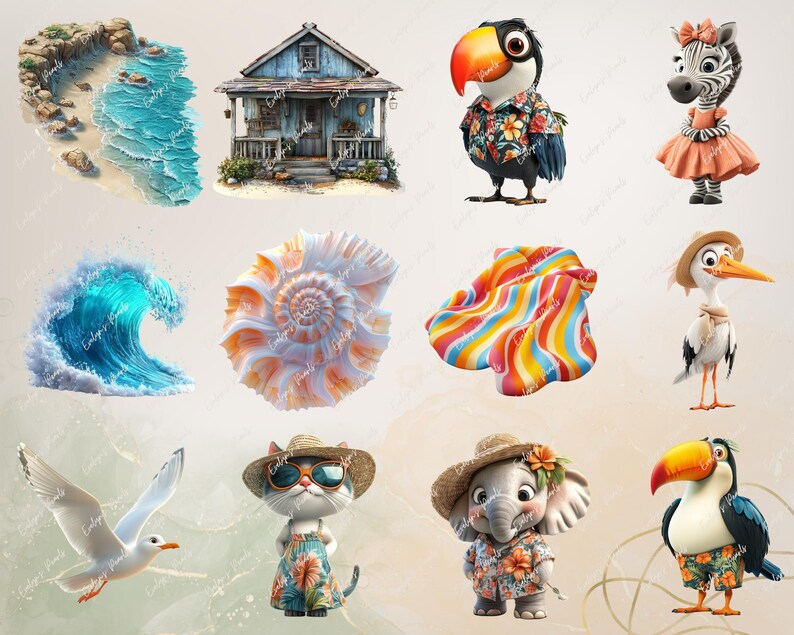 Beach Animals Clipart, Tropical Safari Zoo Animals on Vacation, Cute ...