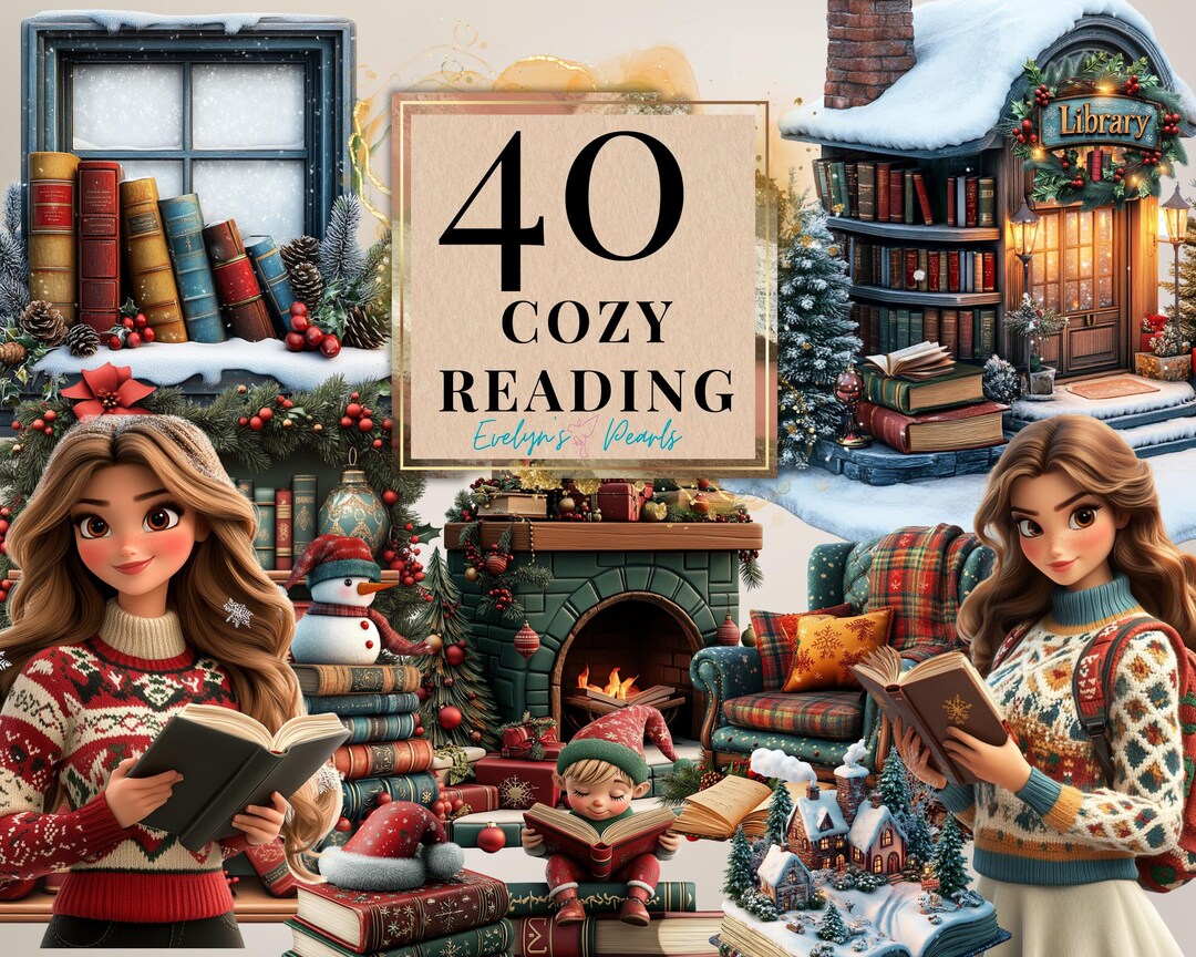 Cozy Reading Clipart Books PNG Festive Clipart Planner Clipart Winter ...