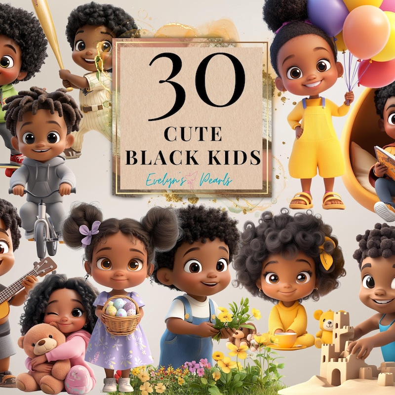 Little Black Kids Clipart - Etsy