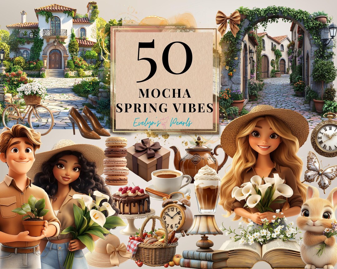 Mocha Spring Clipart Cottage Spring PNG Summer Garden Clipart Floral ...