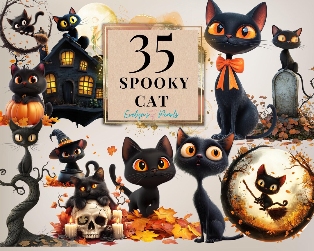 Cat Clipart Spooky Cat PNG Cute Cat Witch Clipart Scary Cat PNG Autumn ...