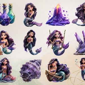 Little Mermaid Clipart Cute Purple Mermaid PNG Under the Sea Clipart ...
