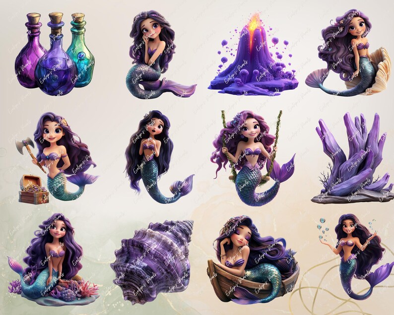 Little Mermaid Clipart Cute Purple Mermaid PNG Under the Sea Clipart ...