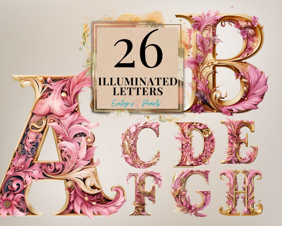 Illuminated Letters Clipart Bundle 26 English Alphabet Clipart Pink ...