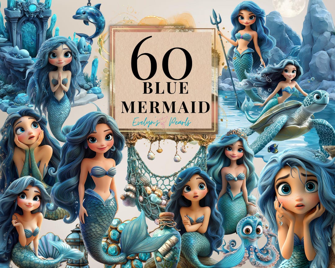 Little Mermaid Clipart Cute Blue Mermaid PNG Under the Sea Clipart Sea ...