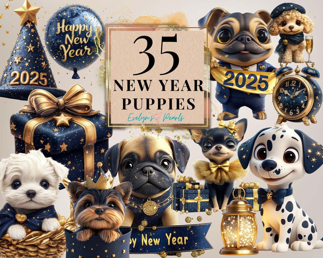 New Year Clipart Puppies PNG Dog Breeds Clipart Animals New Year PNG ...