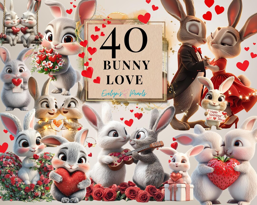 Bunny Love Clipart Cute Valentine's PNG Woodland Animal Love Clipart ...