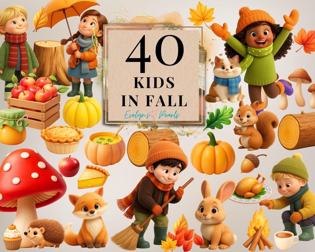Kids in Fall Clipart Cute Autumn Children With Pumpkins, Animals ...