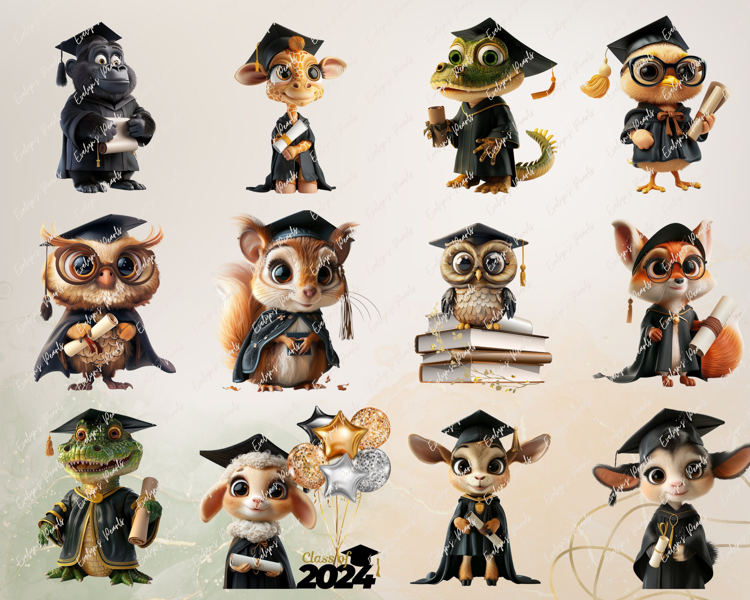 Graduation Clipart Animal Graduation PNG Grad Class of 2024 Decor ...