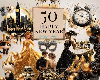 New Year Clipart Black & Gold Party Deco PNG Happy New Year 2025 ...