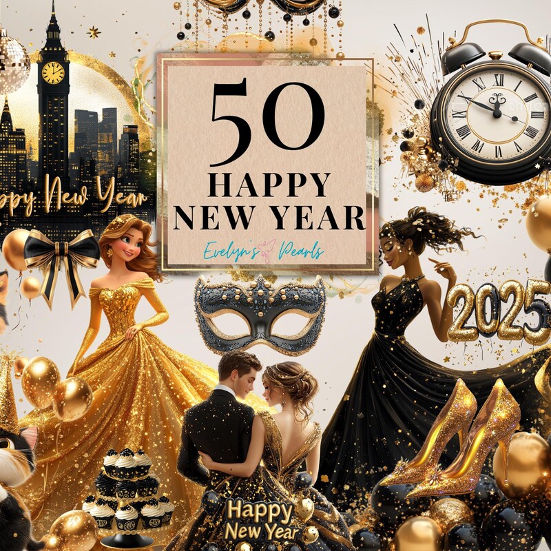 New Year Clipart Black Gold - Etsy