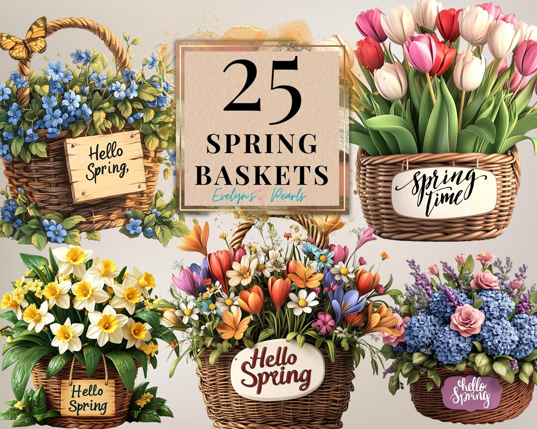 Spring Basket Clipart Hello Spring Flowers PNG Floral Baskets Clipart ...