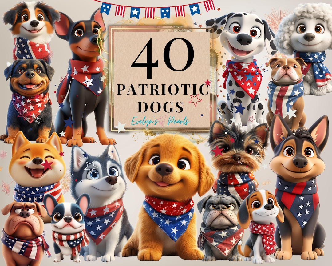 Patriotic Dog Clipart, USA Dogs With Stars and Stripes Bandanas, 4th of ...
