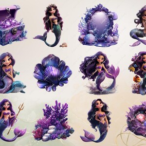 Little Mermaid Clipart Cute Purple Mermaid PNG Under the Sea Clipart ...