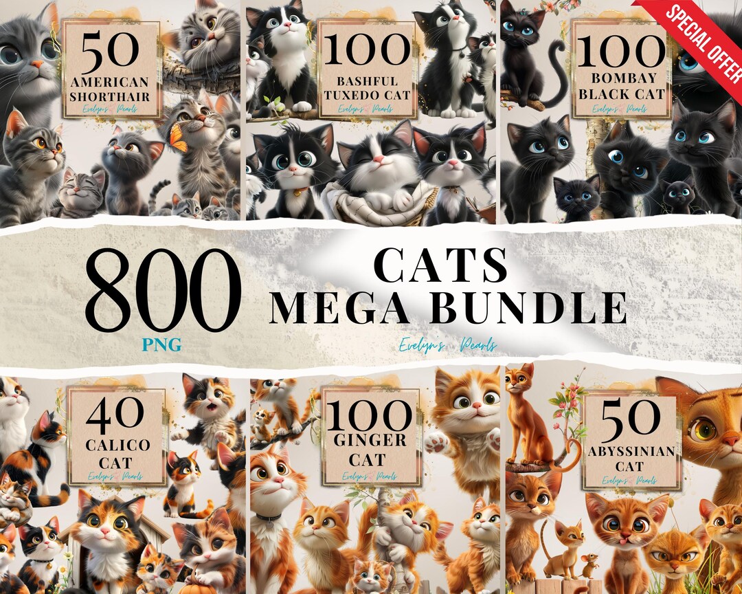 Cat Mega Bundle Clipart 800 PNG Animal Clipart Cat Breed Whimsical Cat ...