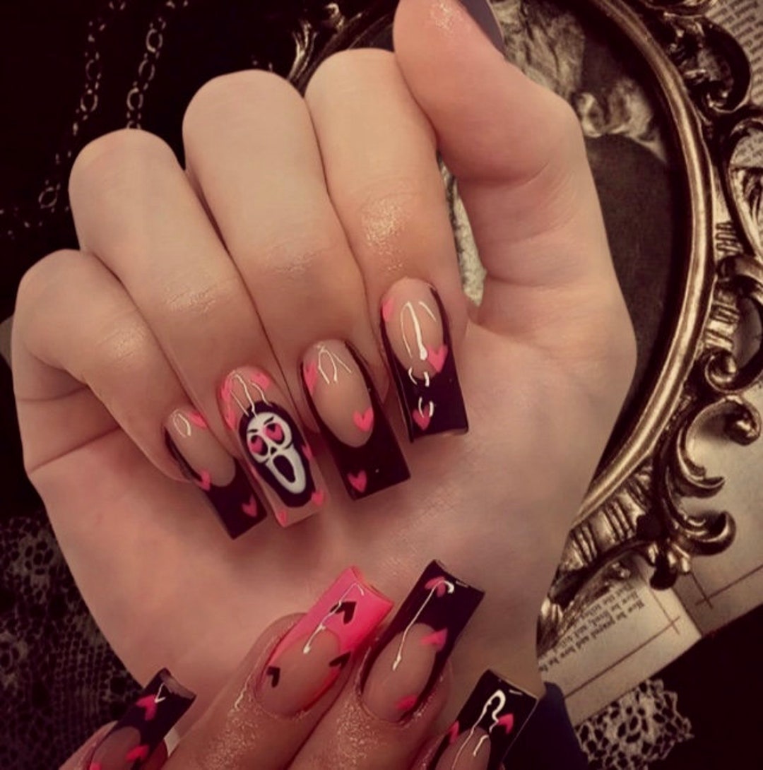 Black And Pink Ghostface Fake Acrylic Coffin Nail Set Etsy