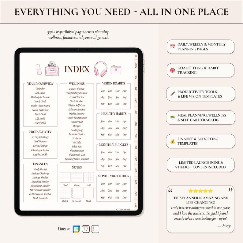 2026 Digital All-in-one Planner: Glow Up, Goal Setting, Daily, Weekly ...