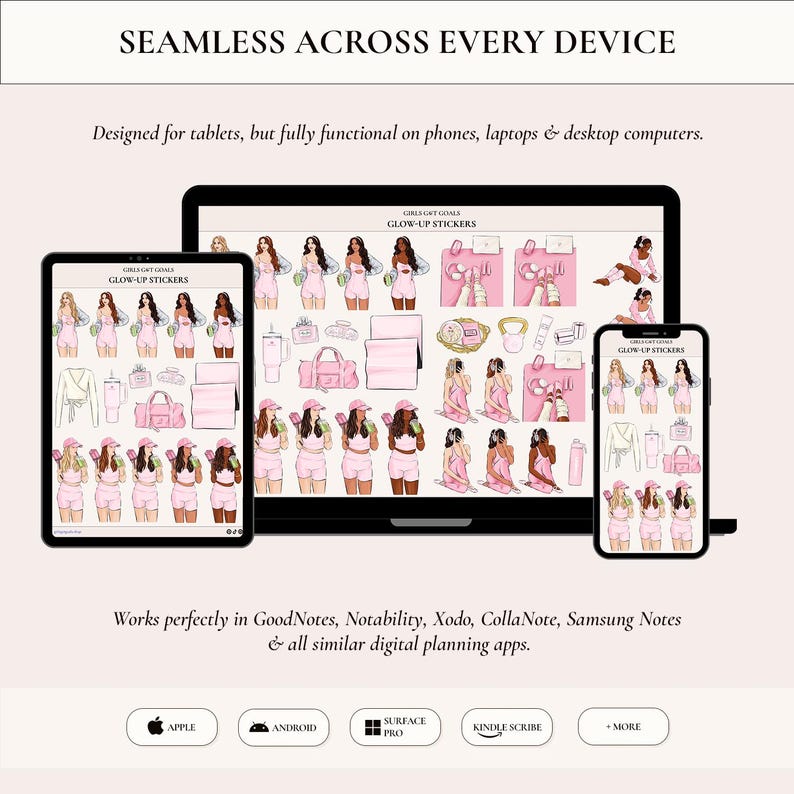 Digital Glow up Stickers: Self Care Planner Stickers, Hand-drawn ...