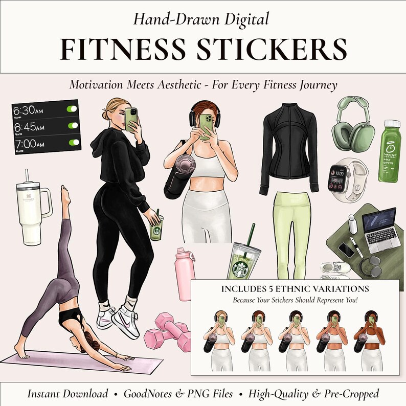 Digital Fitness Stickers - Workout Planner Stickers, Hand Drawn, Gym ...