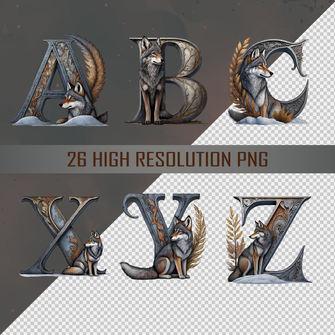 Wolf Alphabet, A to Z Wolf Alphabet Clipart, 26 High Resolution Wolf ...