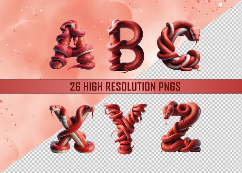 Snake Alphabet, A to Z Red Snake Alphabet Clipart, 26 High Resolution ...